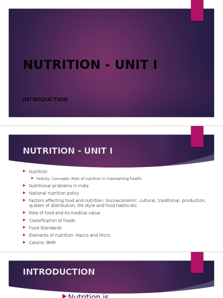 Introduction To Nutrition Unit I | PDF | Nutrients | Nutrition