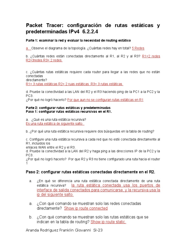 Packet Tracer - Configuración de Rutas Estáticas y Predeterminadas IPv4 6.2.2.4 | PDF ...