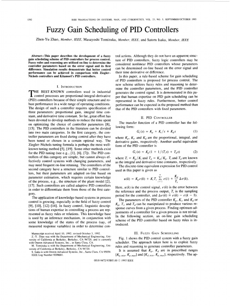 Fuzzy Gain Scheduling of PID Controllers | PDF | Control System | Fuzzy Logic
