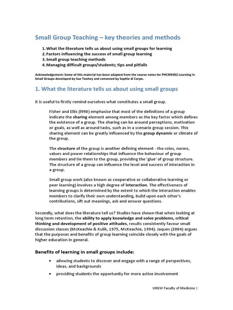 Small Group Teaching - Key Theories and Methods: 1. What The Literature ...