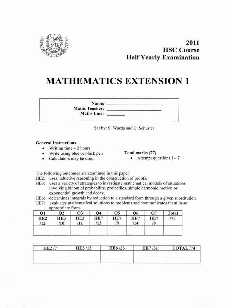 2011 HSC Half Yearly Mathematics Extension 1 | PDF | Significant ...