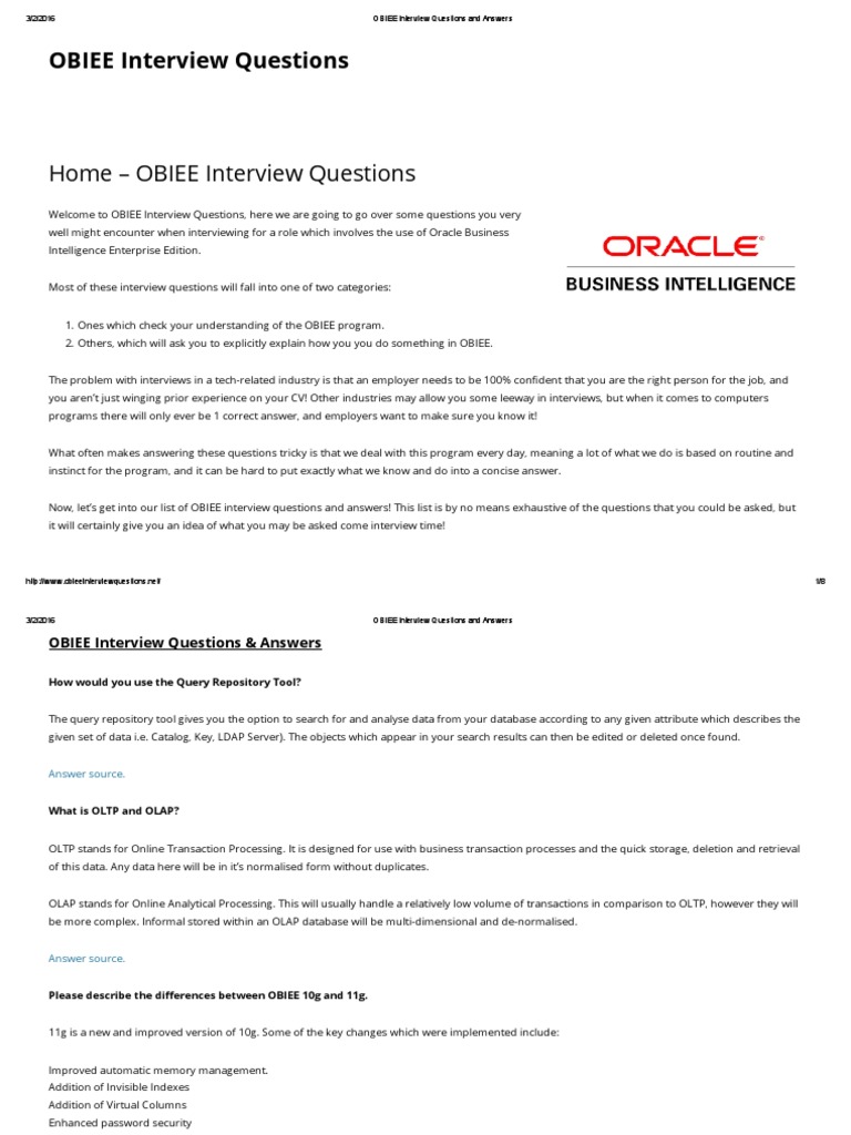 Comprehensive Guide to Answering Common OBIEE Interview Questions | PDF | Data Warehouse ...