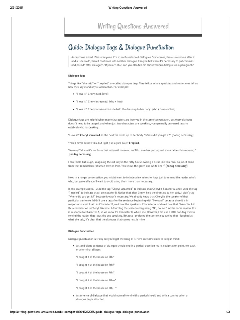 Writing Questions Answered: Guide: Dialogue Tags & Dialogue Punctuation ...