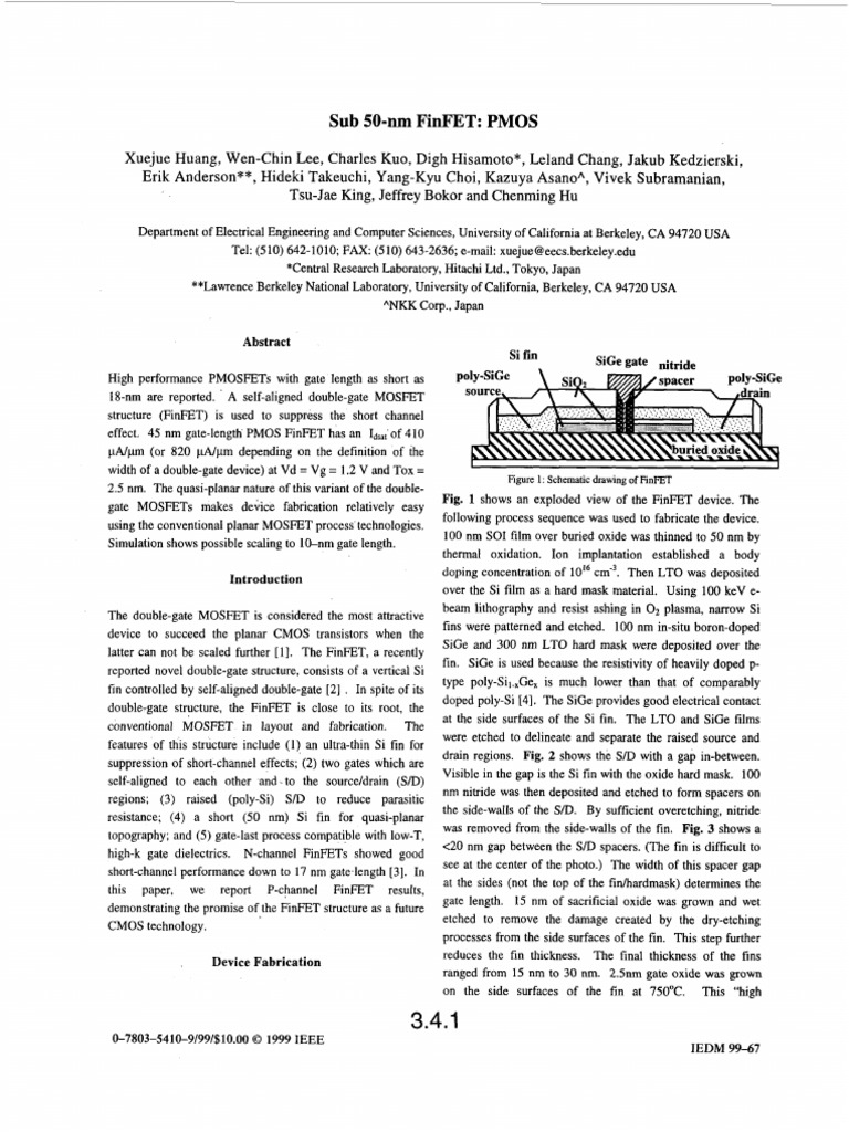 Sub 50-Nm Finfet Pmos | PDF | Field Effect Transistor | Mosfet