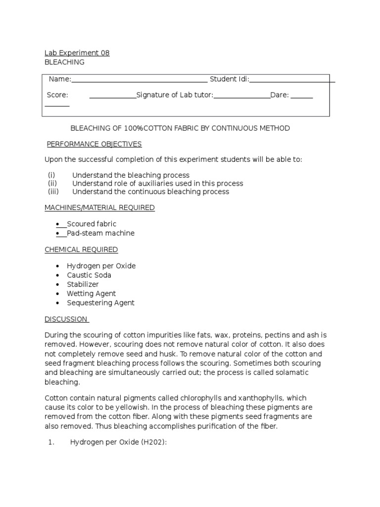 Lab Experiment 08 BLEACHING | PDF | Bleach | Sodium Hydroxide