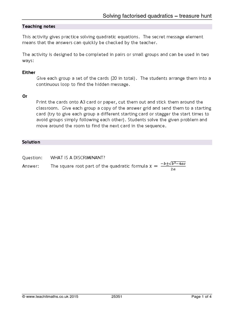 Solving Factorised Quadratics - Treasure Hunt: Teaching Notes | PDF ...