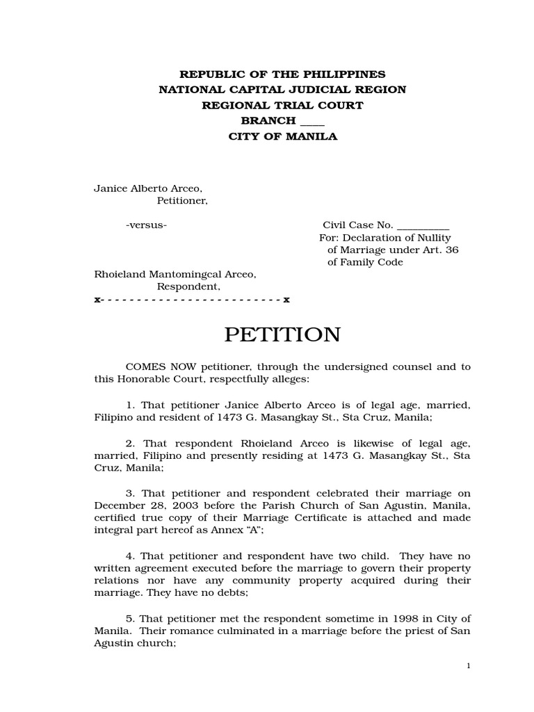 Sample Petition For Annulment | PDF | Common Law | Government Information