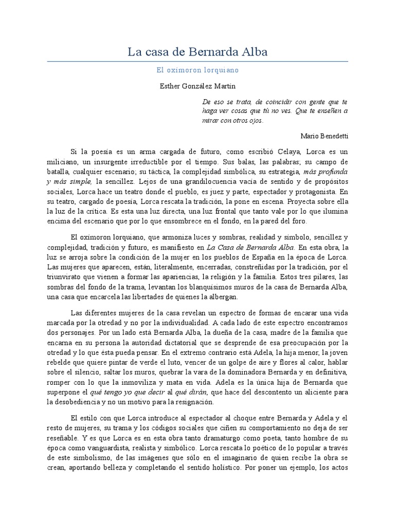 Reseña-La Casa de Bernarda Alba | PDF | Federico García Lorca | Teatro