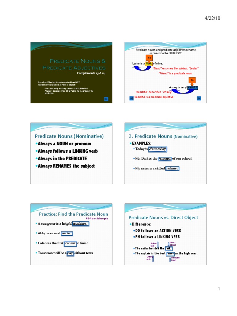 Predicate Nouns and Adjectives Notes | PDF | Predicate (Grammar) | Verb