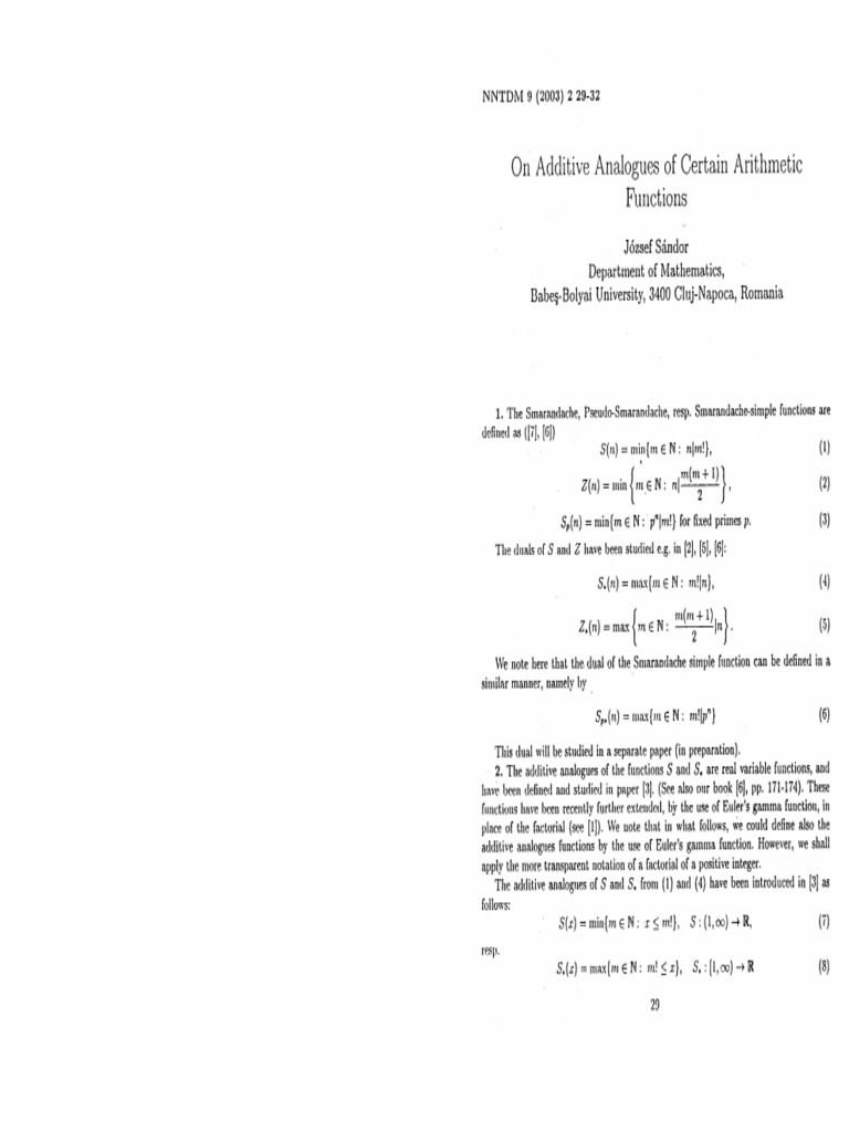On Additive Analogues of Certain Arithmetic Functions | PDF | Mathematical Objects | Number Theory