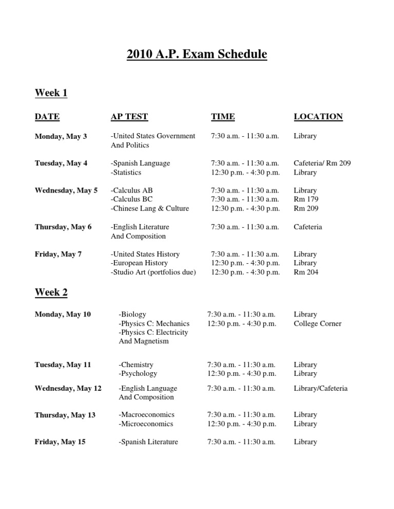 2010 AP Exam Schedule Overview | PDF | Language Arts & Discipline