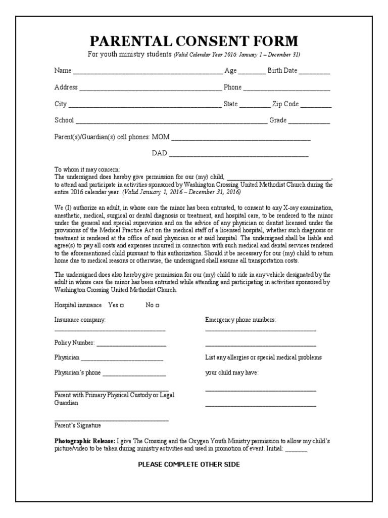 Parental Consent Form: For Youth Ministry Students | PDF | Indemnity ...