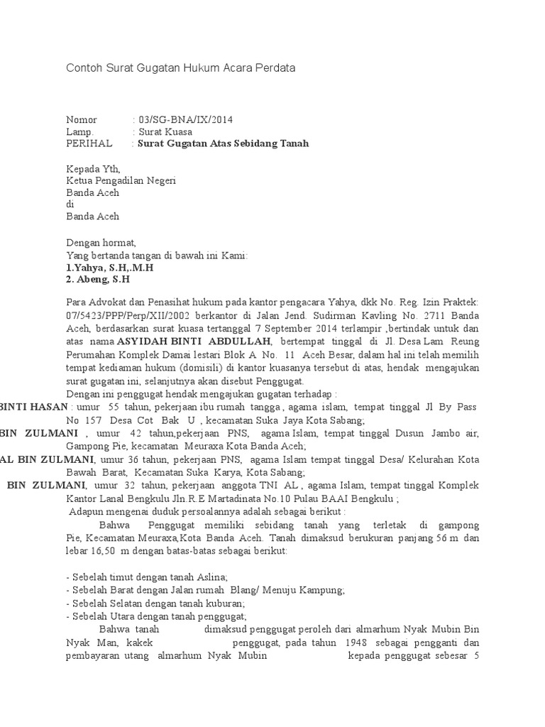 Contoh Surat Gugatan Hukum Acara Perdata | PDF
