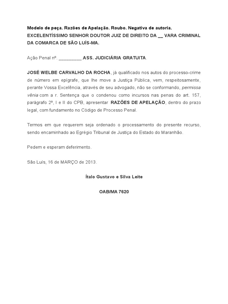 Modelo de Peça APELAÇÃO | Procedimento criminal | Crimes Modelo de Peça APELAÇÃO | Procedimento criminal | Crimes
