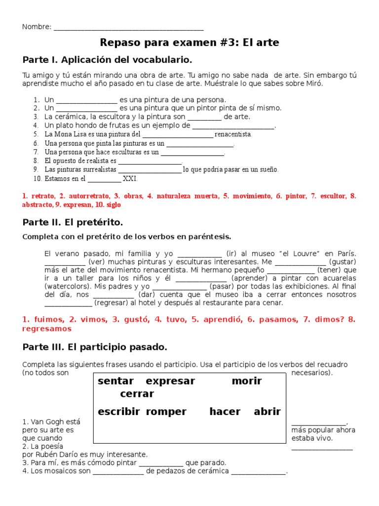 Spanish 3 El Arte Repaso Con Respuestas | PDF | Pinturas | Escultura