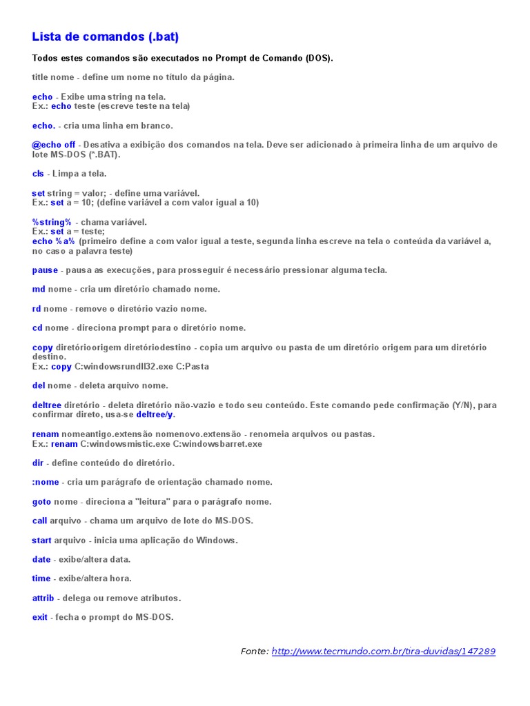 Lista de Comandos BAT | PDF | Arquivo de texto | Drive de disco rígido