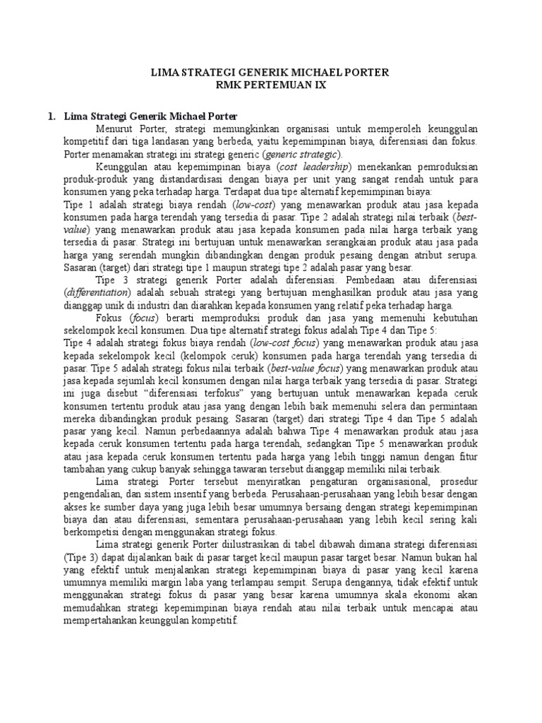 Lima Strategi Generik Michael Porter | PDF