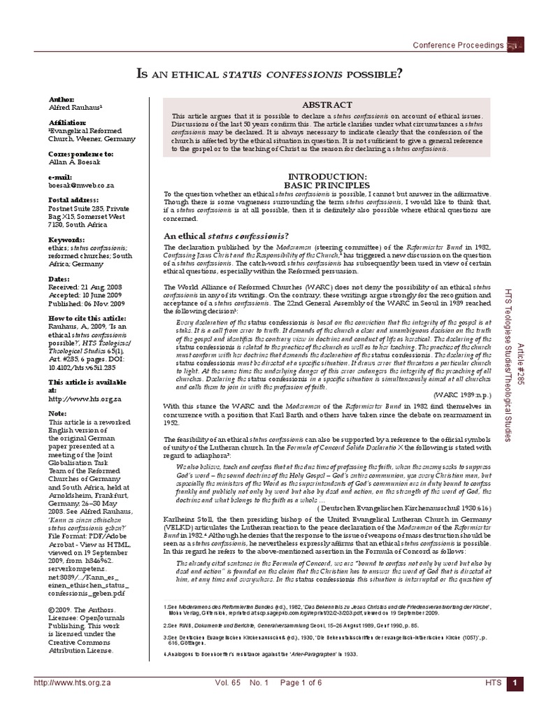 Status Confessionis and Ethics | PDF | Calvinism | Christian Church