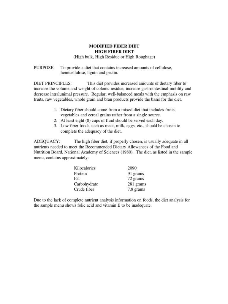 Modified Fiber Diet | PDF | Dietary Fiber | Diet & Nutrition