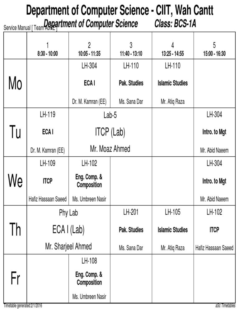 Cs time table ciit wah | Computer Science | Science And Technology