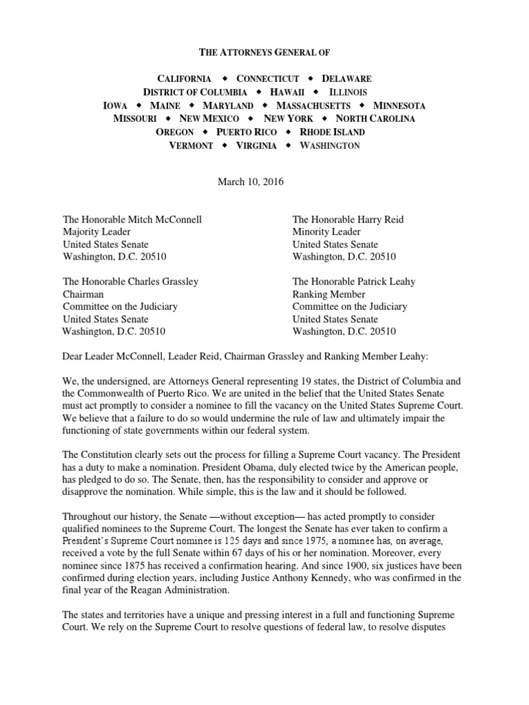 Attorneys General Send Letter To Senate On Supreme Court Vacancy ...
