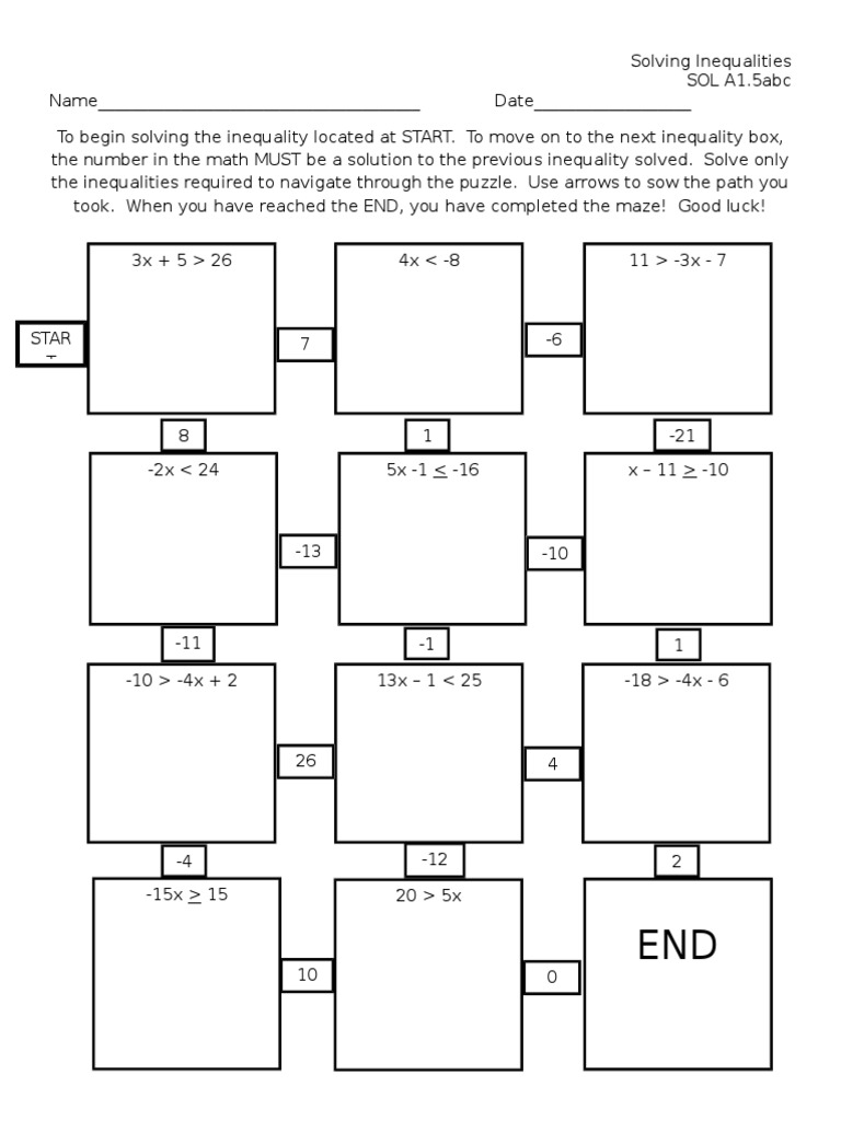 Inequality Maze Worksheet | PDF