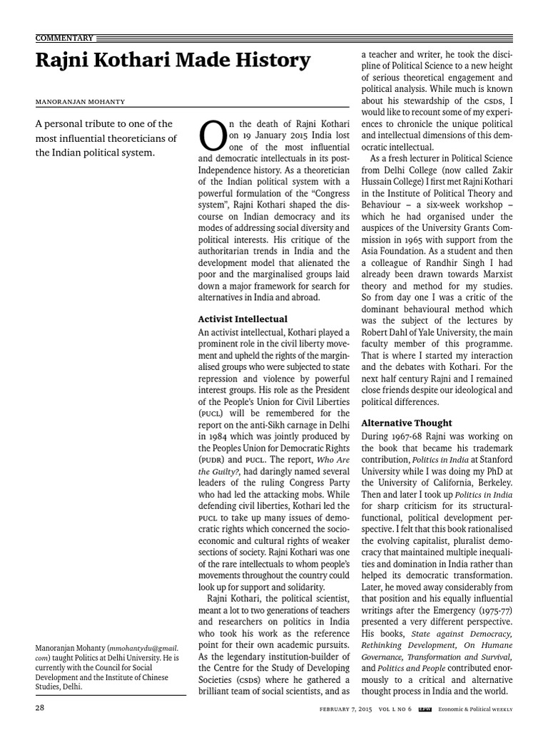 Rajni Kothari Made History | PDF | Political Science | Intellectual