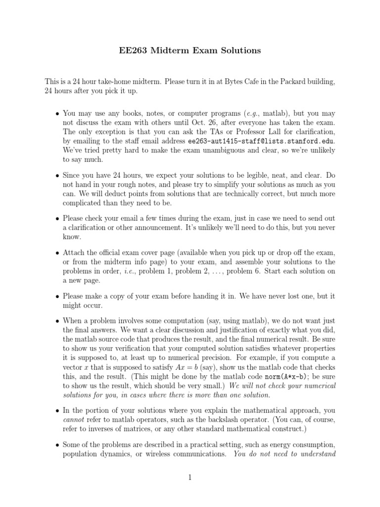 EE263 Midterm Solution | PDF | Nonlinear System | Teaching Mathematics