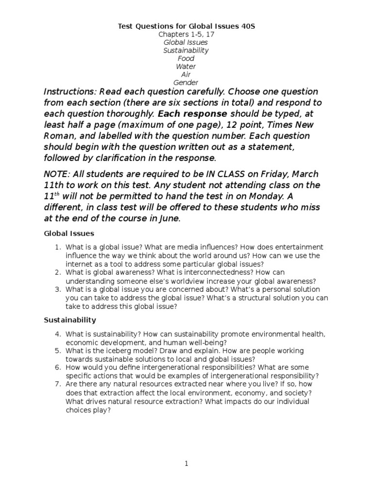 Global Issues Test Questions 40S | PDF | Sustainability | Water