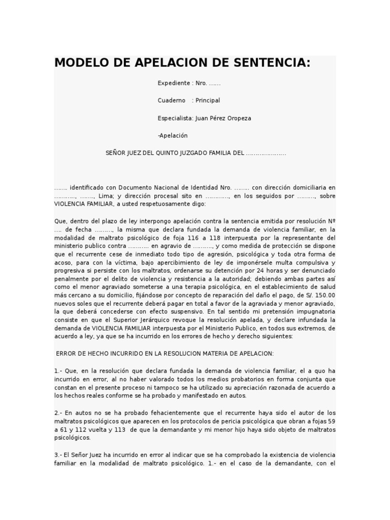 Modelo de Apelacion de Sentencia | Caso de ley | Ley procesal