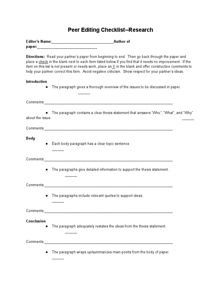 Research Peer Editing Checklist | PDF