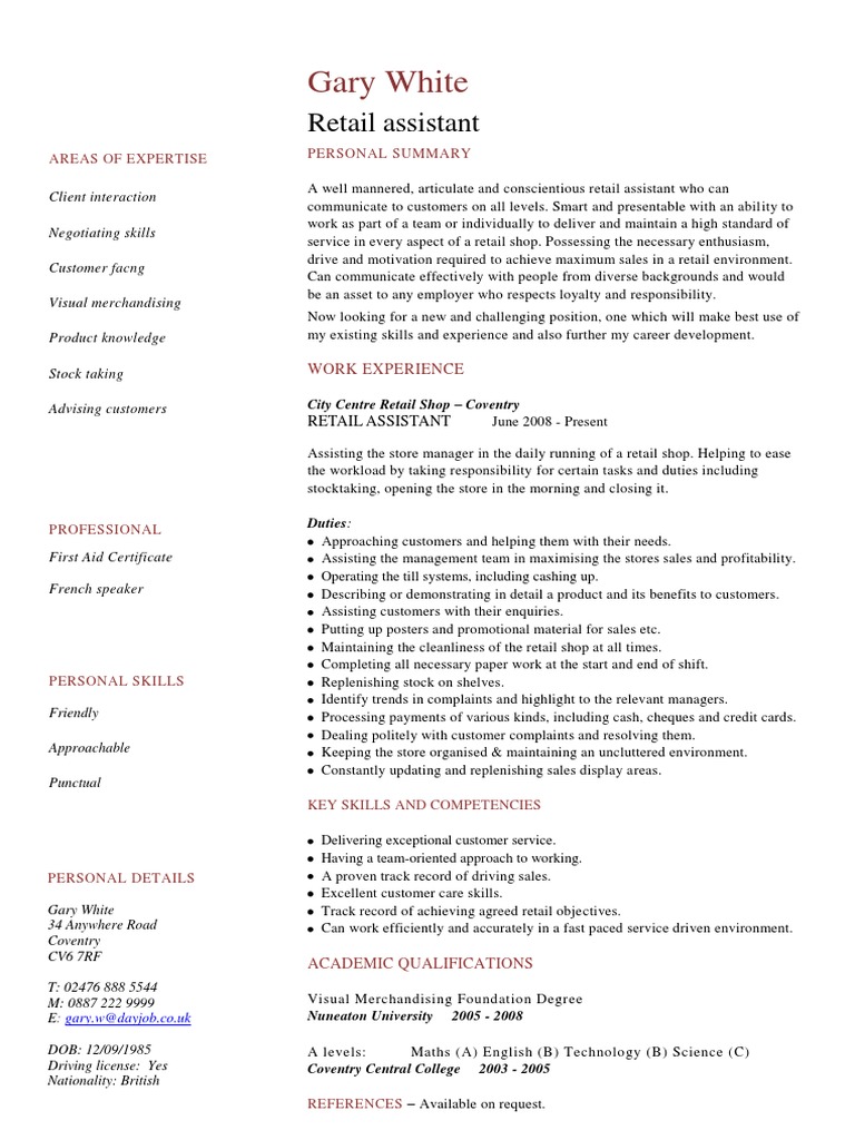 Retail Assistant CV Template | PDF | Retail | Sales