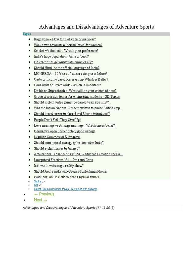 Advantages and Disadvantages of Adventure Sports | PDF | Physical ...