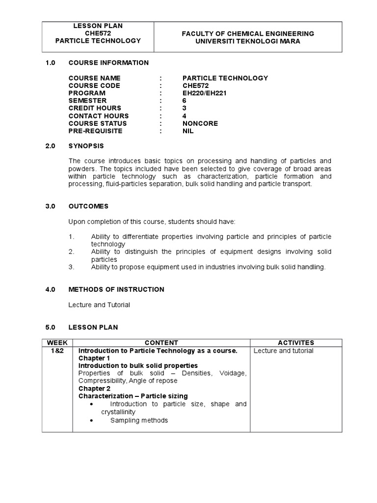 Lesson Plan CHE572 EH220 Sept - Feb2014 | PDF | Powder (Substance) | Solid