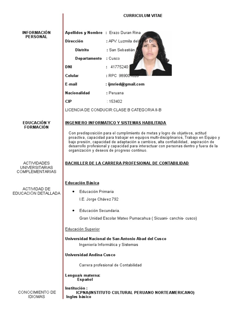 CV Rina Erazo Duran Ultimo | PDF | Contabilidad | Perú
