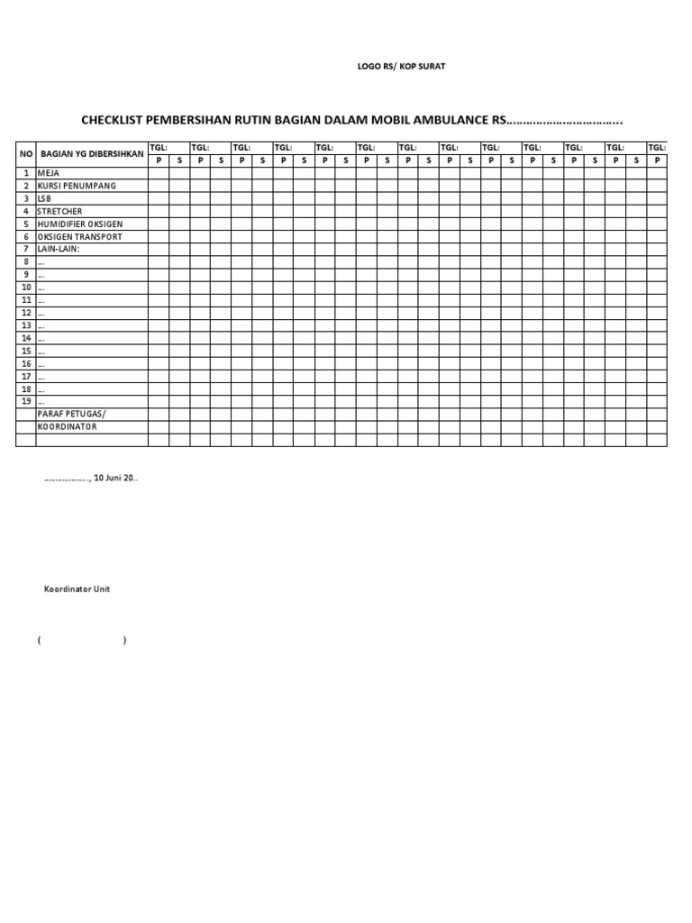 Checklist Pembersihan Mobil Ambulance PDF | PDF