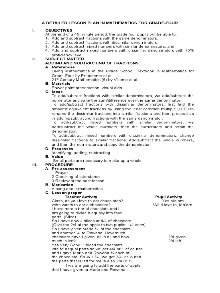 Detailed Lesson Plan 1 | PDF | Fraction (Mathematics) | Subtraction