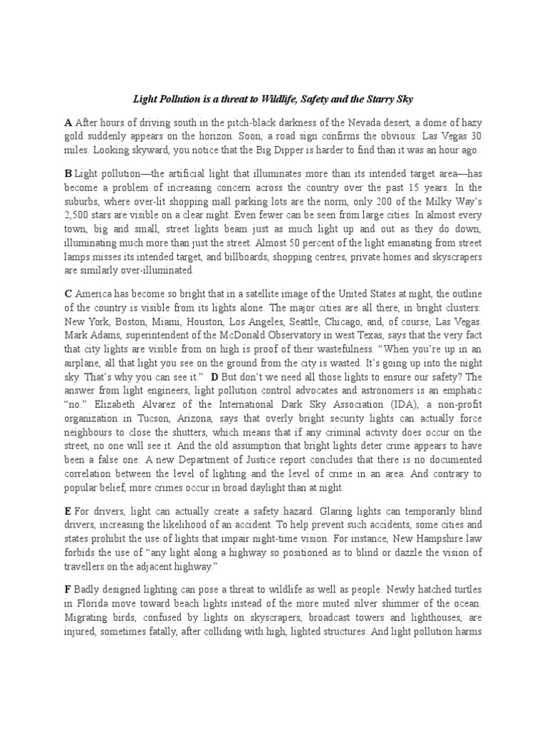 Reading Comprehension Sample | PDF | Observatory | Lighting