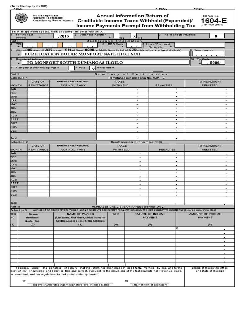 BUREAU OF INTERNAL REVENUE FORM 1604E 2016 | Withholding Tax | Payments
