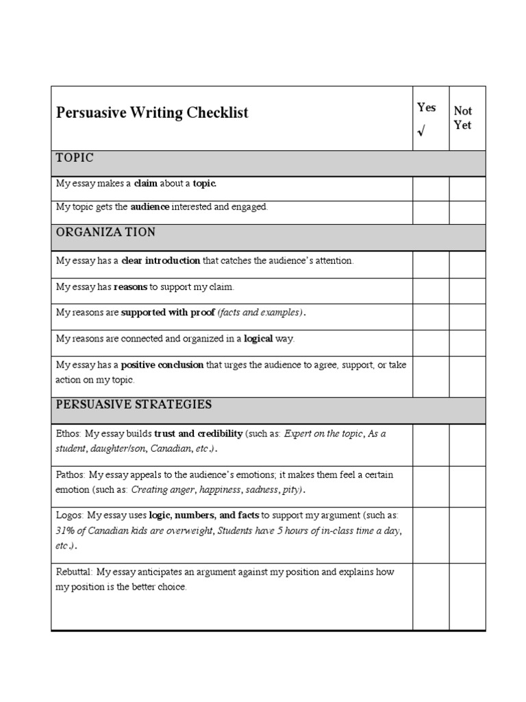 Persuasive Writing Checklist Guide | PDF