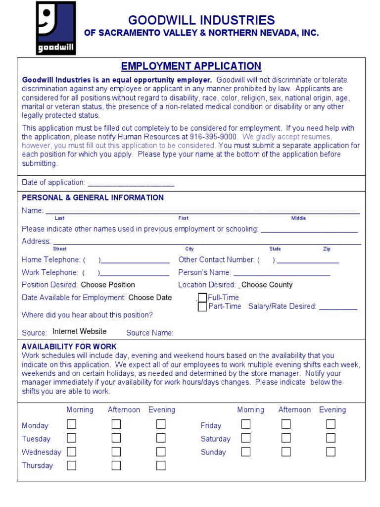 Goodwill Employment Application | PDF | Overtime | Workweek And Weekend