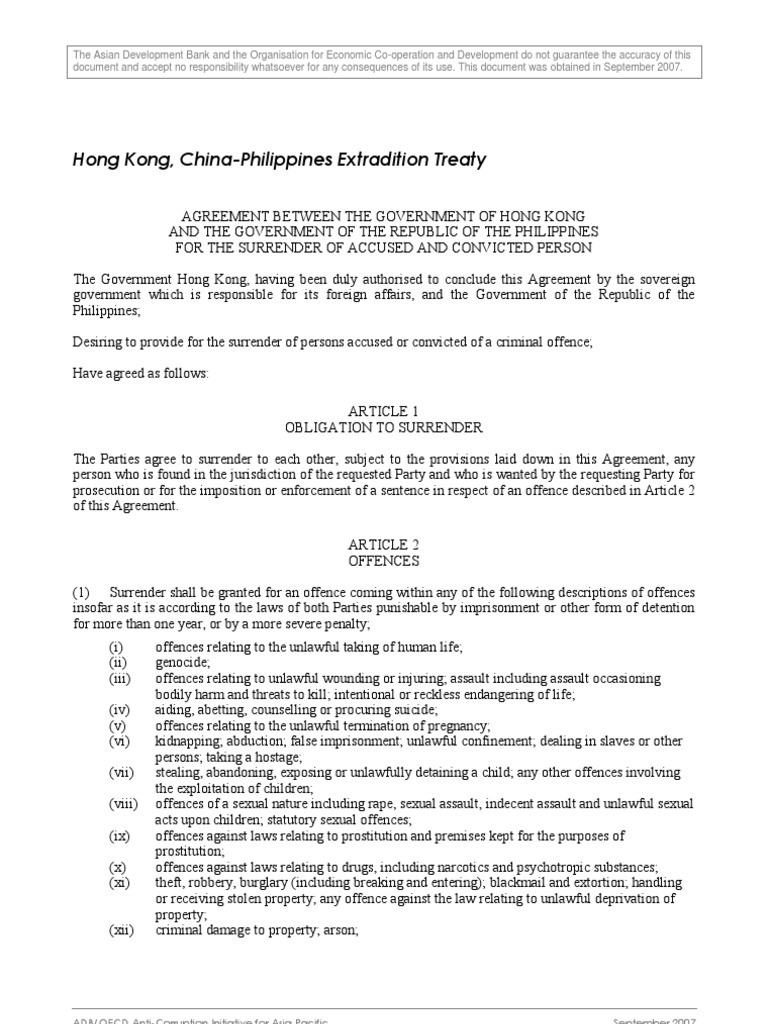 Hong Kong, China-Philippines Extradition Treaty | PDF | Arrest ...