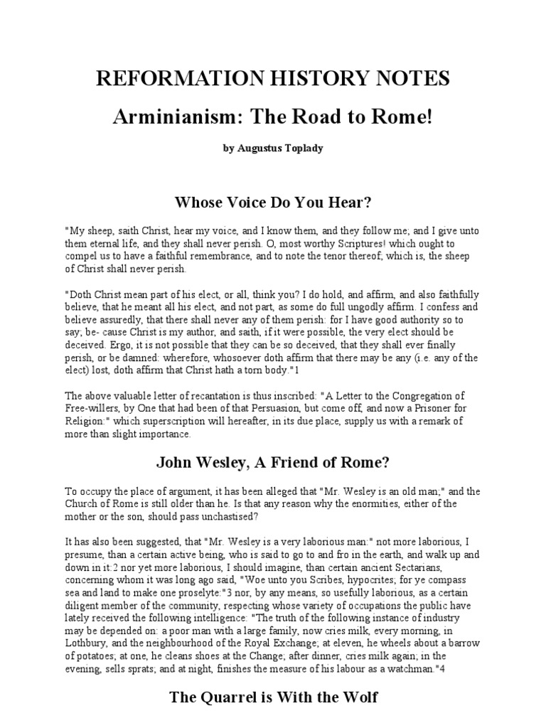 REFORMATION HISTORY NOTES Arminianism: The Road To Rome! | PDF ...
