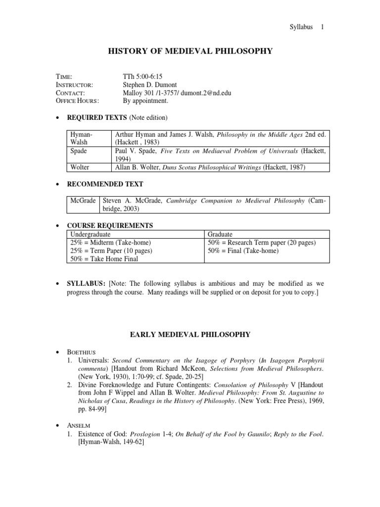 History of Medieval Philosophy Syllabus | PDF | Nous | Medieval Philosophy