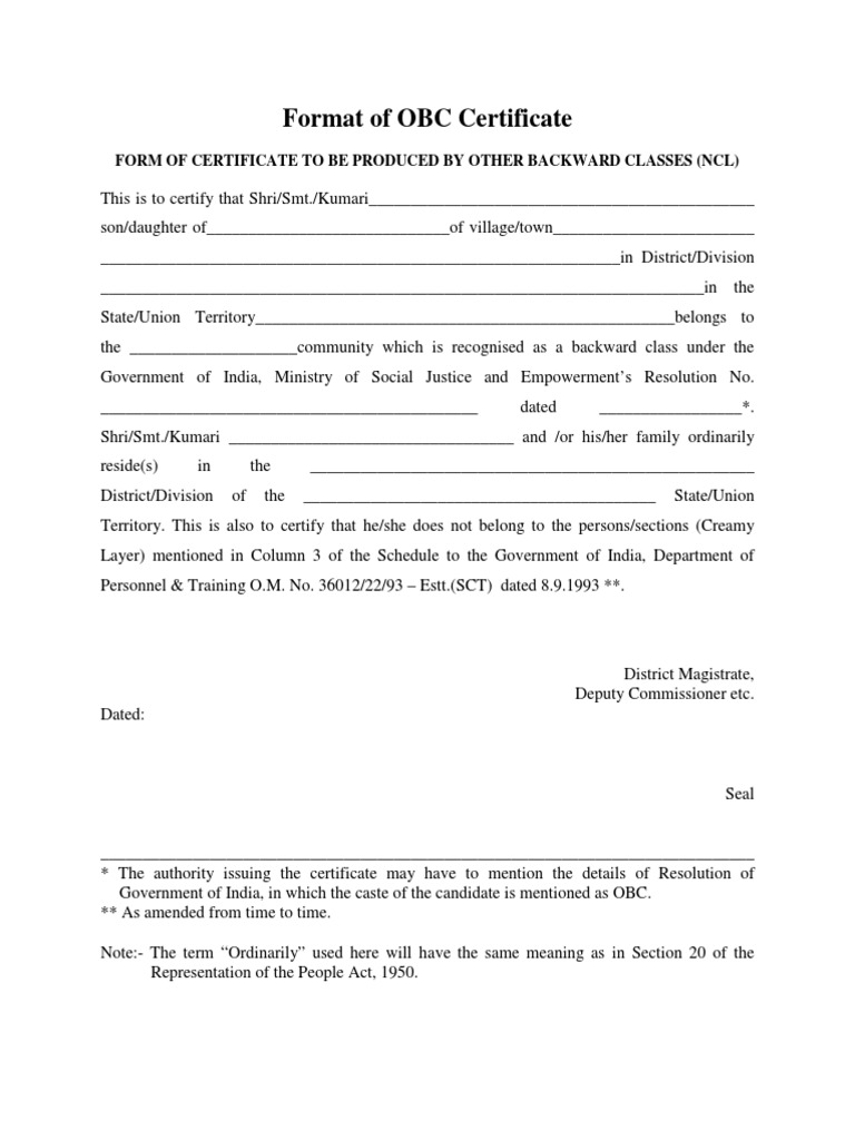 Format of OBC Certificate: Form of Certificate To Be Produced by Other ...