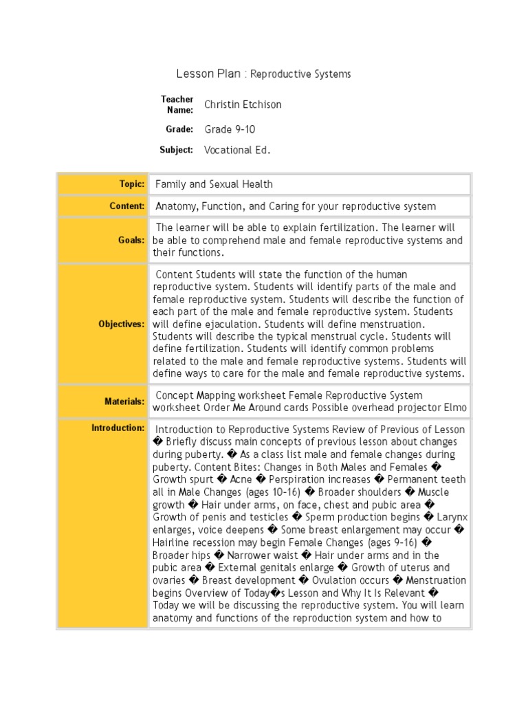 Lesson Plan Reproductive System | PDF | Reproductive System | Menstrual ...