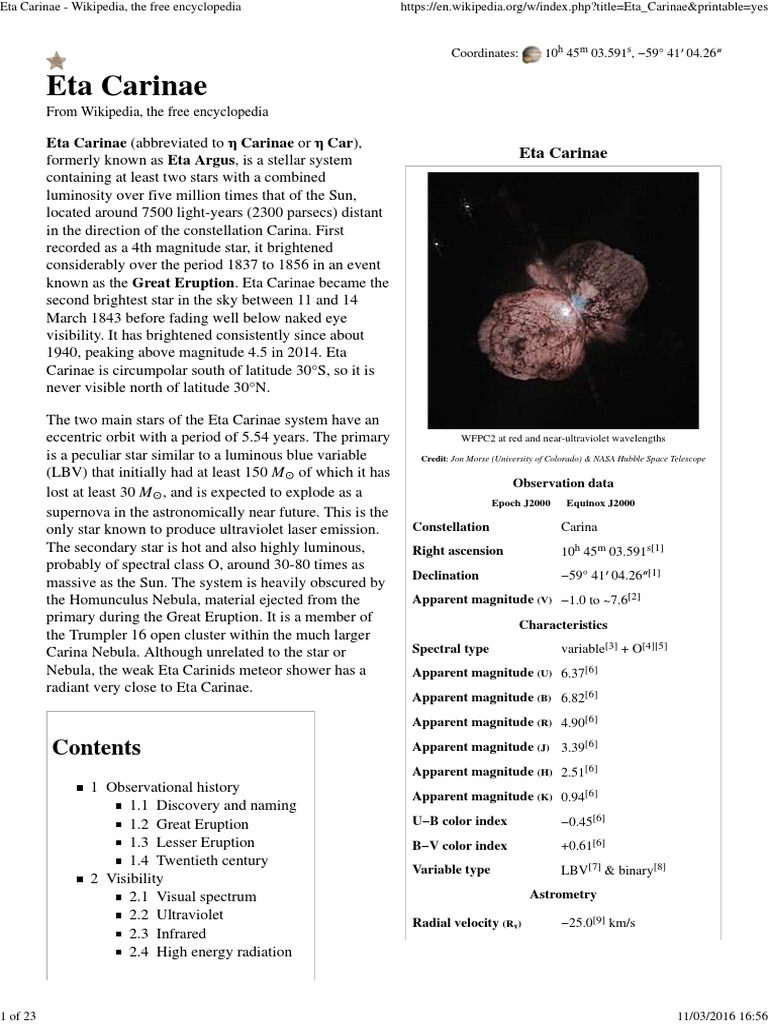 Eta Carinae (abbreviated to η Carinae or η Car) , | PDF | Stars | Supernova