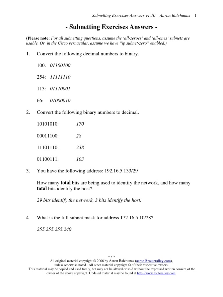 Subnetting Exercises Answers Network Protocols Internet Standards