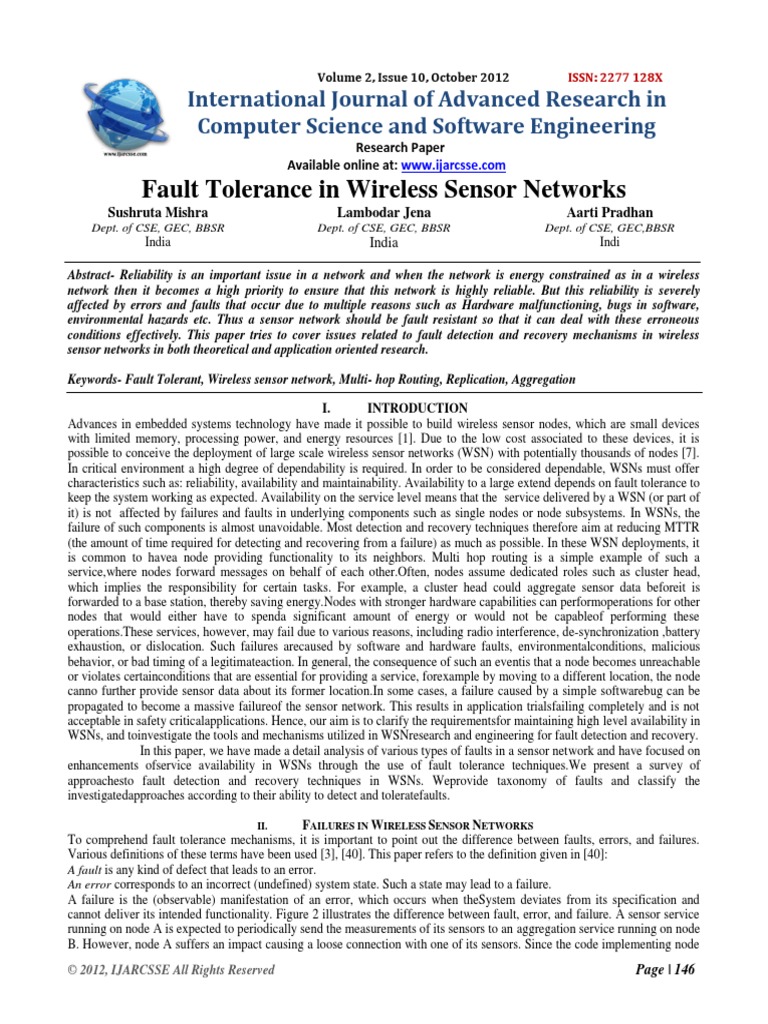 Fault Tolerance in Wireless Sensor Networks | PDF | Wireless Sensor Network | Replication ...