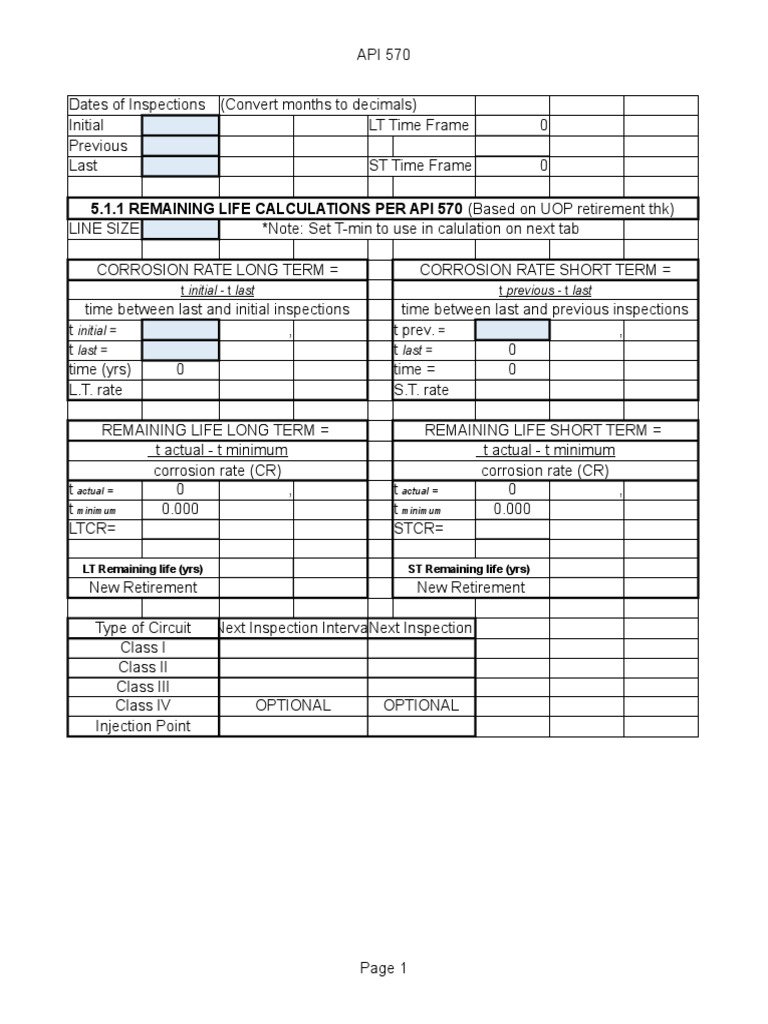 5.1.1 REMAINING LIFE CALCULATIONS PER API 570 (Based On UOP Retirement ...